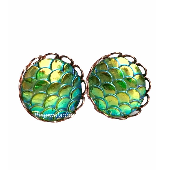 thejeweladdict | Jewelry | 3 For 5 Green Iridescent Mermaid Scale Studs | Poshmark